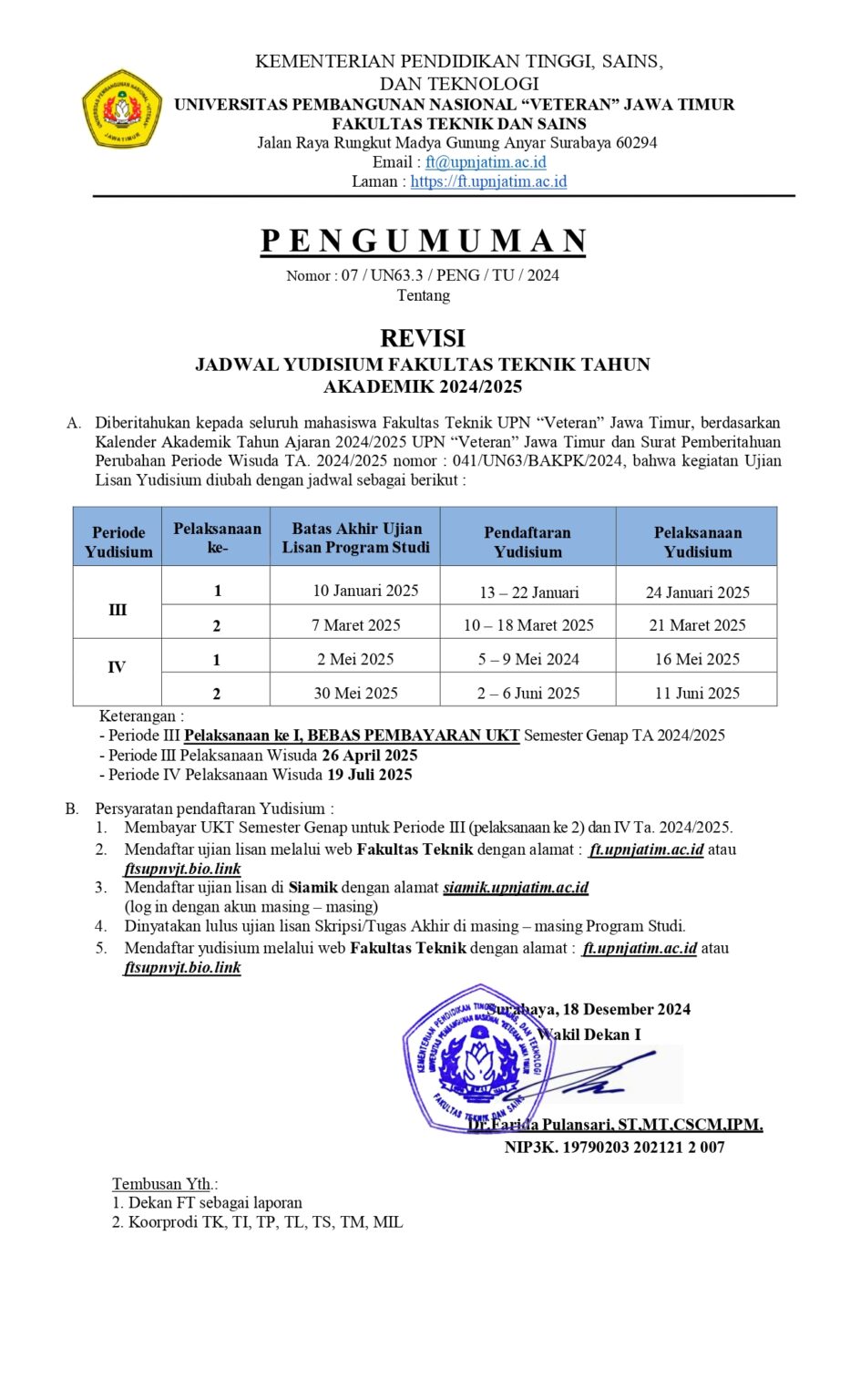 Revisi Jadwal Yudisium Fakultas Teknik & Sains T.A. 2024/2025 – Teknik Kimia