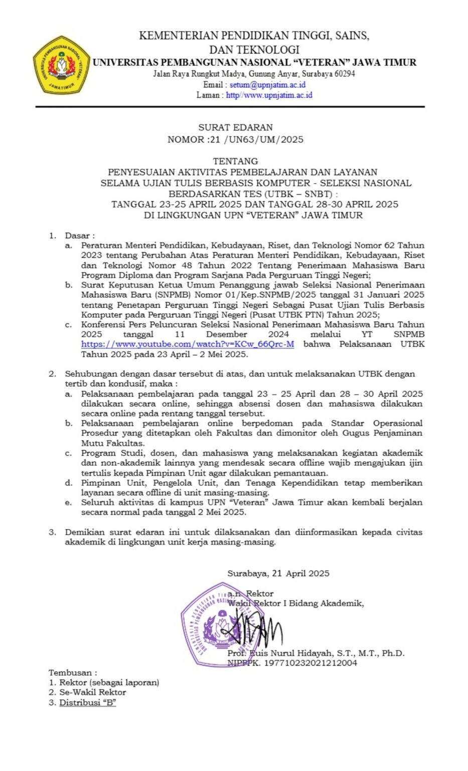 Pengumuman: Pelaksanaan UTBK 2025 & WFA – Teknik Kimia
