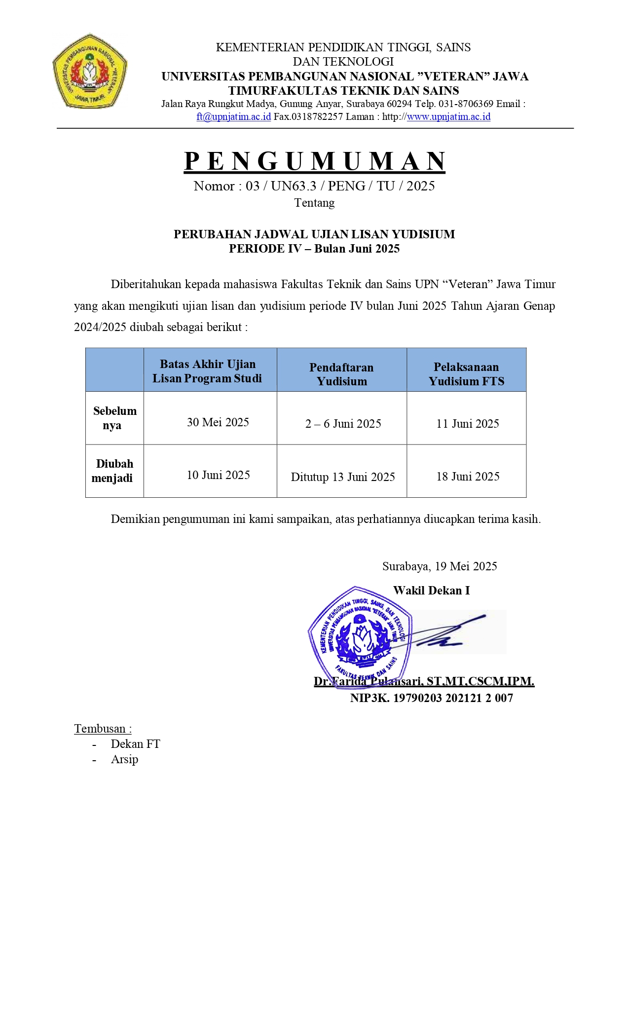 Pengumuman: Perubahan Jadwal Ujian Lisan Periode IV Genap T.A. 2024/2025 – Teknik Kimia