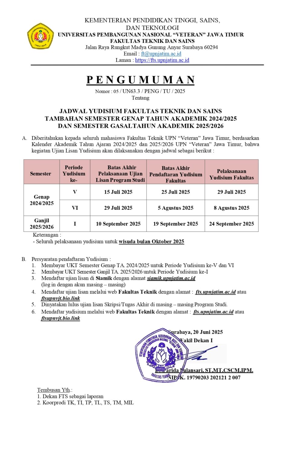 Pengumuman: Jadwal Lisan dan Yudisium Juli – September 2025 – Teknik Kimia